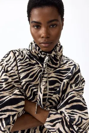 H&m Linen-blend Stand Collar Zip-up Jacket With Drawstring And Elasticated Hem