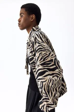 H&m Linen-blend Stand Collar Zip-up Jacket With Drawstring And Elasticated Hem