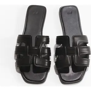 H&m Padded Interwoven Strap Sandals With Square Toe - Black