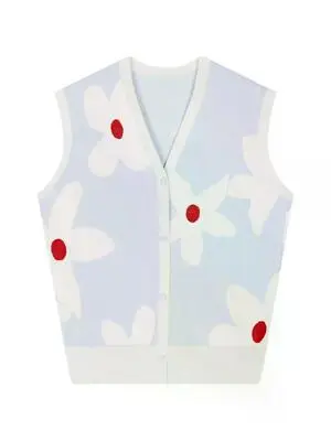 LESS Floral Intarsia V-neck Cardigan - Blue