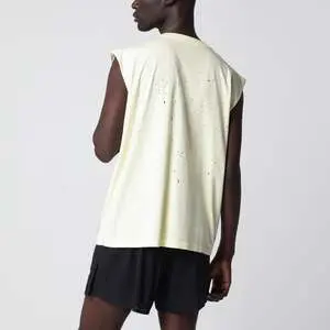 Satisfy Sleeveless Crewneck Tank Top With Perforations And Graphic - Yellow