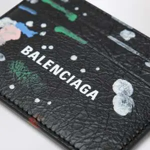 Balenciaga Cash Leather Card Holder With Painter's Print - Black