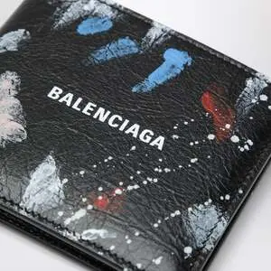 Balenciaga Cash Leather Wallet With Painter's Print - Black