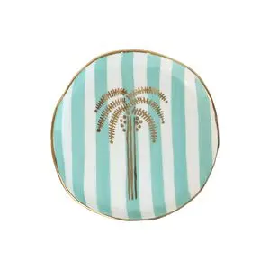 SHERIE BOUTIK Gold Palm Tree + Turquoise Stripe Plate - Blue/yellow