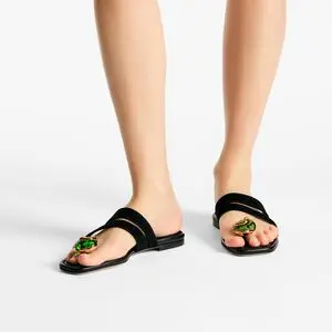 JIMMY CHOO Emeri Black Suede Flat Sandals With Resin Stone Embellishment - Black/clover