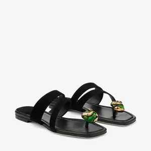 JIMMY CHOO Emeri Black Suede Flat Sandals With Resin Stone Embellishment - Black/clover