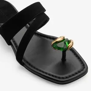 JIMMY CHOO Emeri Black Suede Flat Sandals With Resin Stone Embellishment - Black/clover