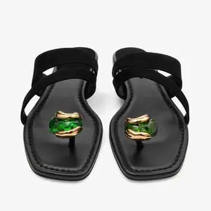 JIMMY CHOO Emeri Black Suede Flat Sandals With Resin Stone Embellishment - Black/clover