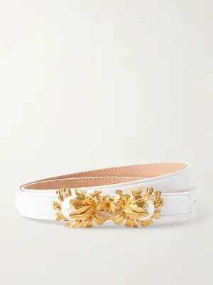 SONIA PETROFF Moonflower Embellished Leather Belt With Faux Pearls - White