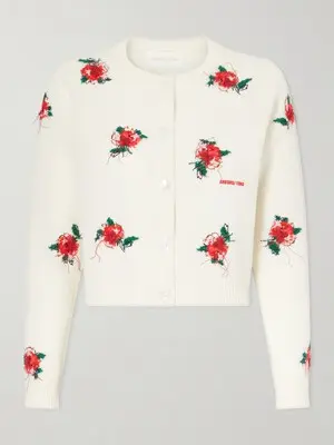 SHUSHU/TONG Cropped Floral Embroidered Wool Cardigan - Neutrals