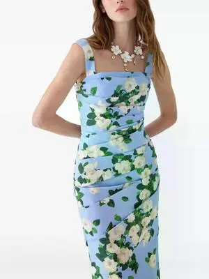 Carolina Herrera Floral Print Draped Midi Dress - Blue