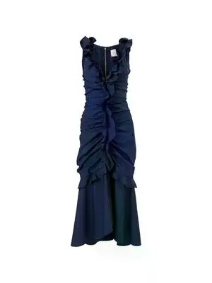 Carolina Herrera Ruched Ruffled V-neck Midi Dress - Blue
