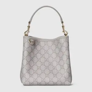 Gucci Gg Emblem Small Bucket Bag In Monogram Coated Fabric - Grey