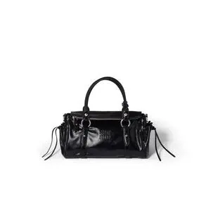 Miu Miu Glossy Leather Handheld Bag With Detachable Shoulder Strap - Black