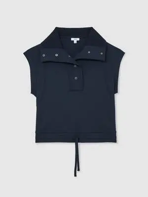 REISS Phoebe Premium Interlock Sleeveless Collared Top - Navy