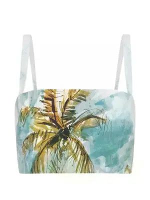 Oscar De La Renta Dominican Landscape Cotton Poplin Cropped Blouse - Blue