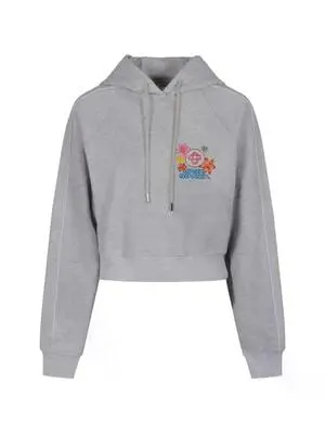 Casablanca Embroidered Cotton Cropped Hoodie - Grey