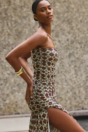 CELANDINE Printed Mesh Midi Dress - Brown Pattern