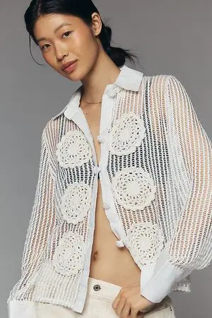 MANDINGA Sheer Crochet Appliqué Cardigan - White