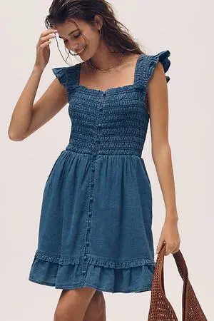 Anthropologie Shirred Cotton Mini Dress With Flutter Sleeves