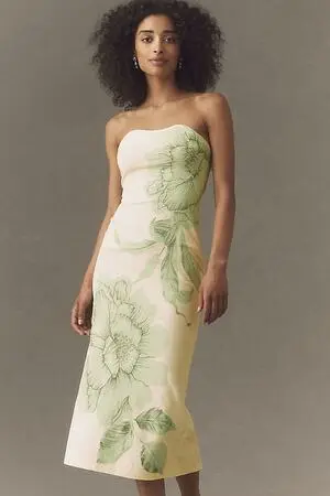 Bhldn Strapless Fitted Midi Dress With Floral Print - Green