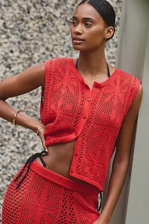 CELANDINE Crochet Button Front Top - Red