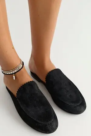Free People Suede Loafer Mules With Scalloped Trim