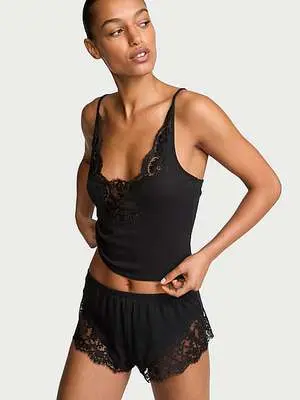 Victoria's Secret Dream Angels Pointelle Rib Lace-trim Cami And Short Set - Black