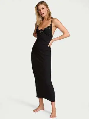 Victoria's Secret Dream Angels Pointelle Rib Lace-trim Maxi Slip Dress - Black