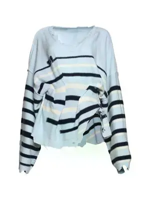 Natasha Zinko Distressed Striped V-neck Sweater - Blue