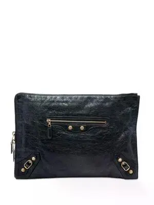 Balenciaga Lambskin Leather Motocross Giant 12 Zip Around Flat Clutch Bag - Black