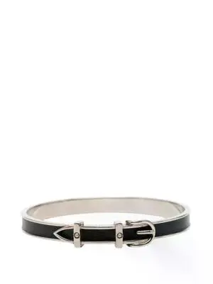 Hermès Palladium Plated And Leather Belt Buckle Bangle Costume Bracelet - Black