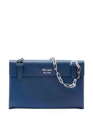 Prada Saffiano Leather Twist Lock Chain Flap Crossbody Bag - Blue