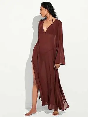 Victoria's Secret Leopard Sheer Plunge Caftan Maxi Dress - Red