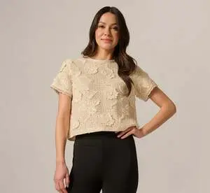 Adrianna Papell Short Sleeve Floral Sequin Crochet Top