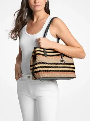 Michael Kors Avalon Medium Striped Woven Tote Bag - Black