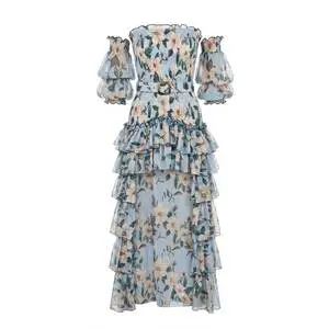 NUR KARAATA Riviera Long Dress With Floral Print And Tiered Ruffles
