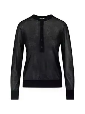 Filippa K Sheer Knit Henley Long Sleeve Cotton T-shirt - Black