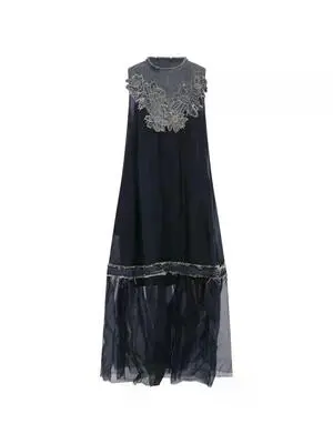 HUI HUI Lavanda Floral-patch Frayed-trim Midi Dress