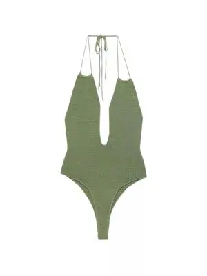 ELOU Riviera Crochet-knit Halterneck Swimsuit - Green