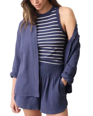 Marine Layer Ribbed High Neck Crop Tank - Blue White