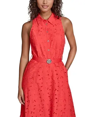 Karl Lagerfeld Paris Sleeveless Eyelet Button-down Midi Dress