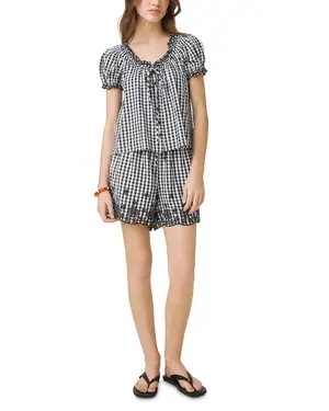 Splendid Gingham Puff Sleeve Blouse With Tie Neck - Navy/white