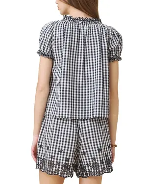 Splendid Gingham Puff Sleeve Blouse With Tie Neck - Navy/white
