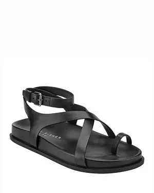 MARC FISHER LTD. Strappy Leather Flat Sandals - Black
