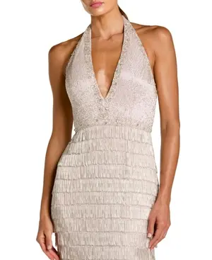 Mac Duggal Halter Neck Embellished Fringe Column Gown