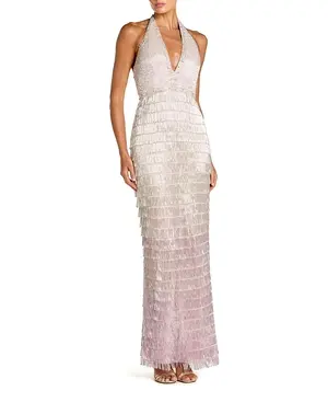 Mac Duggal Halter Neck Embellished Fringe Column Gown