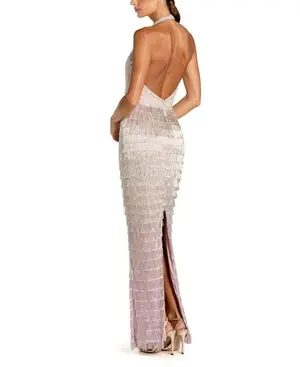 Mac Duggal Halter Neck Embellished Fringe Column Gown