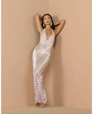Mac Duggal Halter Neck Embellished Fringe Column Gown