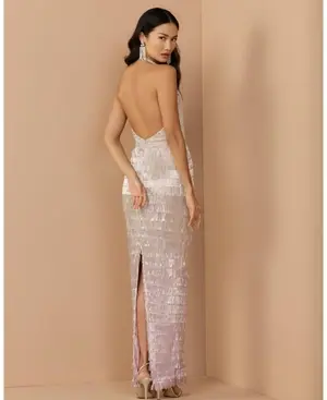 Mac Duggal Halter Neck Embellished Fringe Column Gown
